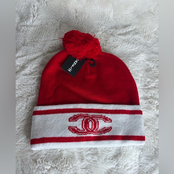 Other | Designer Inspired Red And White Beanie With Logo | Poshmark